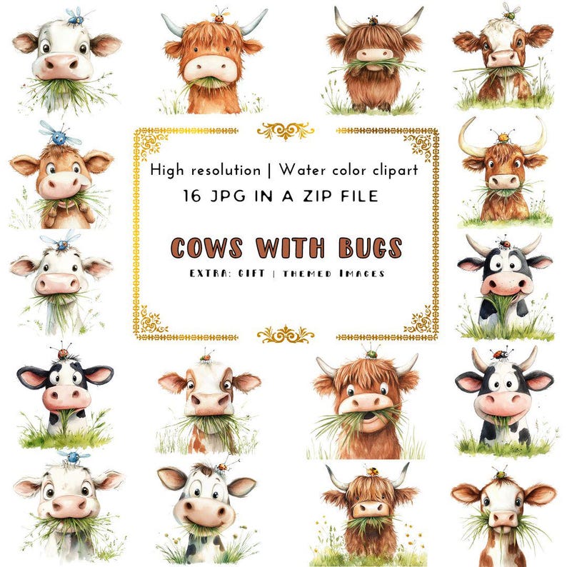 16 Cute Watercolor Cows With Bugs Clipart, DIGITAL DOWNLOAD ...