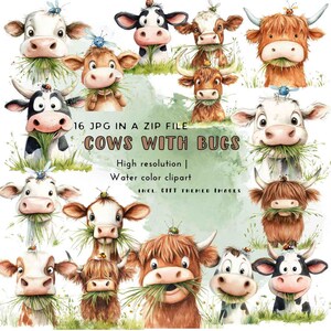 16 Cute Watercolor Cows With Bugs Clipart, DIGITAL DOWNLOAD ...