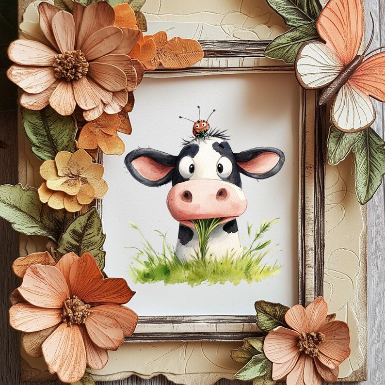 16 Cute Watercolor Cows With Bugs Clipart, DIGITAL DOWNLOAD ...