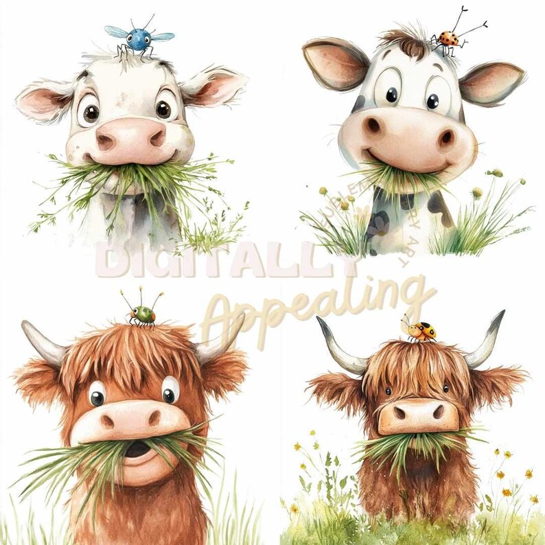 16 Cute Watercolor Cows With Bugs Clipart, DIGITAL DOWNLOAD ...