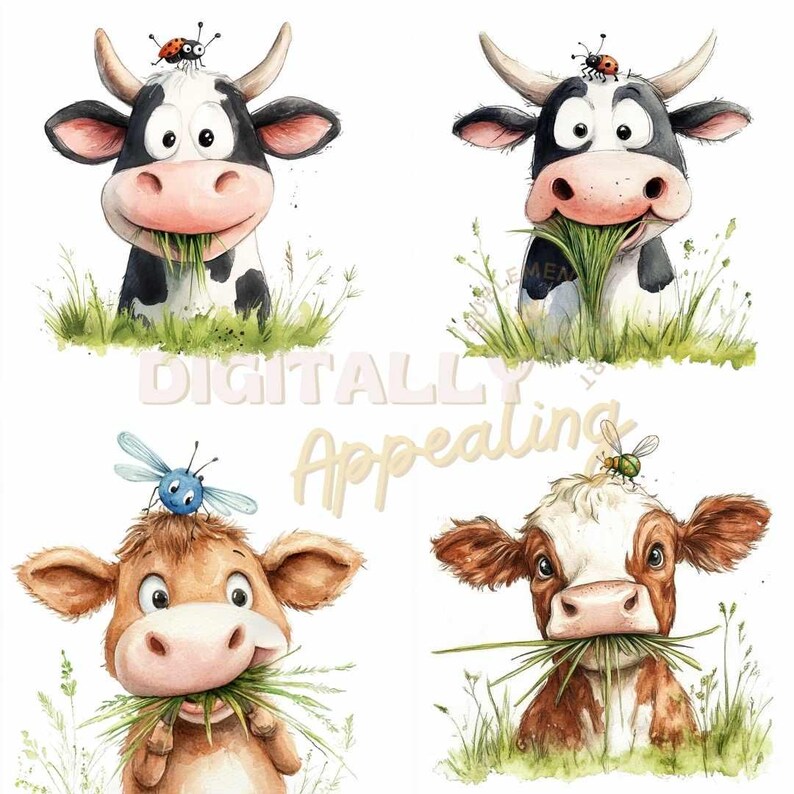 16 Cute Watercolor Cows With Bugs Clipart, DIGITAL DOWNLOAD ...