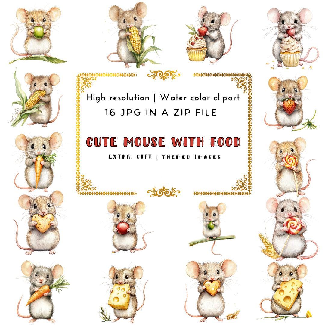 16 Cute Watercolor Mouse Eating Food Clipart, DIGITAL DOWNLOAD ...