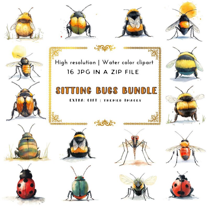 16 Watercolor Sitting Bugs Clipart Bundle, DIGITAL DOWNLOAD ...