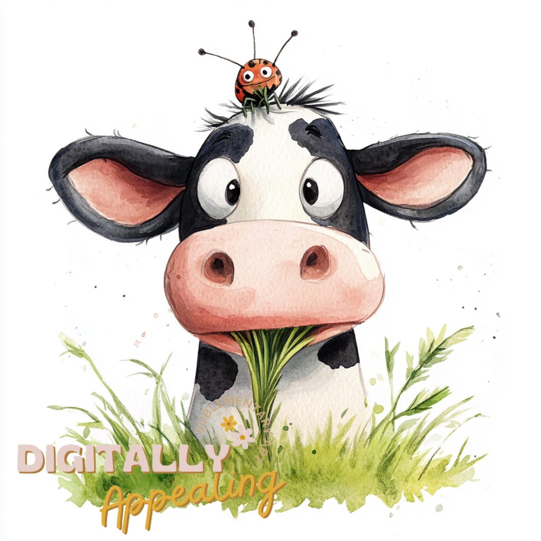 16 Cute Watercolor Cows With Bugs Clipart, DIGITAL DOWNLOAD ...
