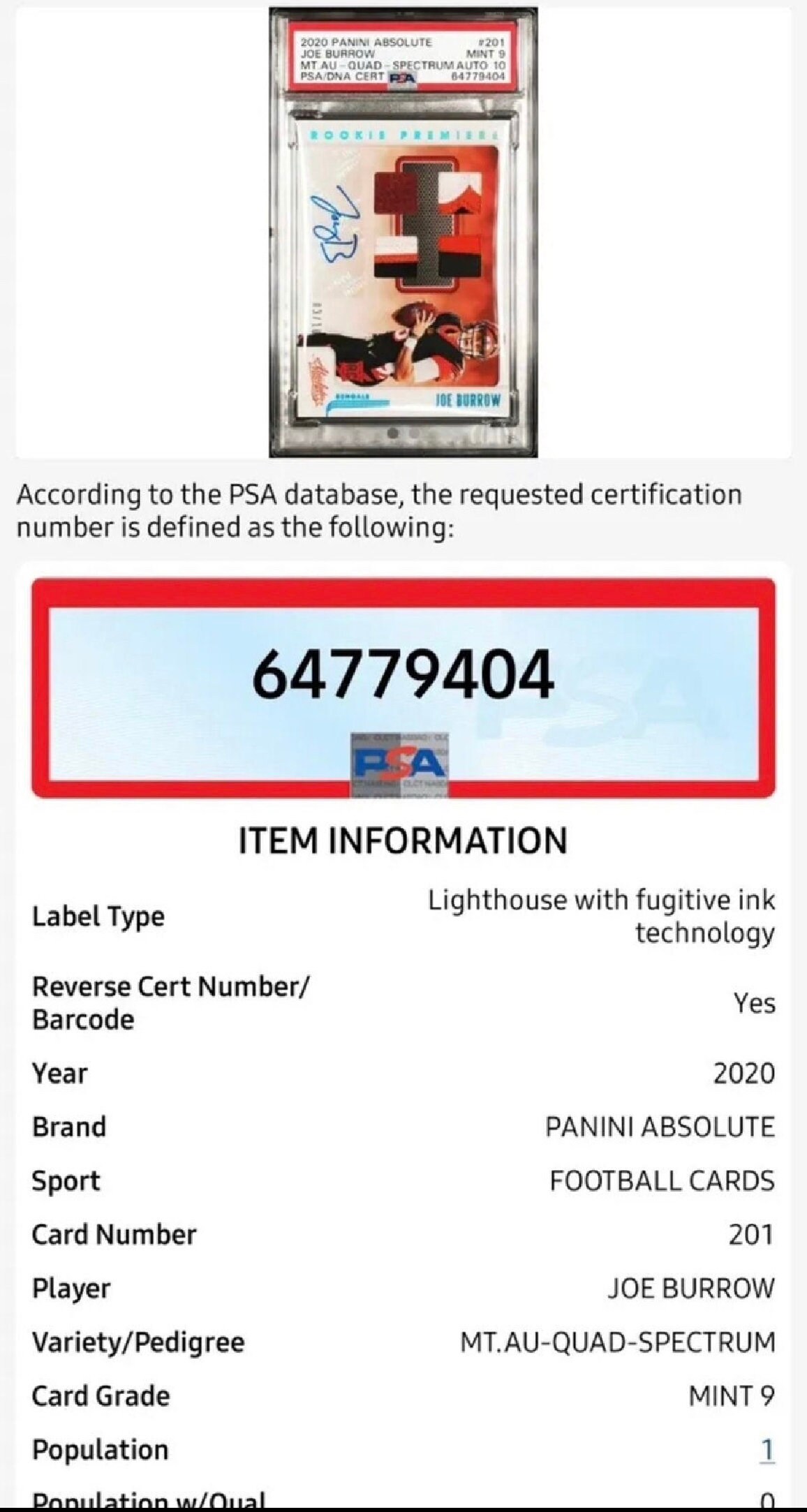 Joe Burrow Rookie Card 2020 NFL Panini True RPA Ultra Rare /10 Absolute ...