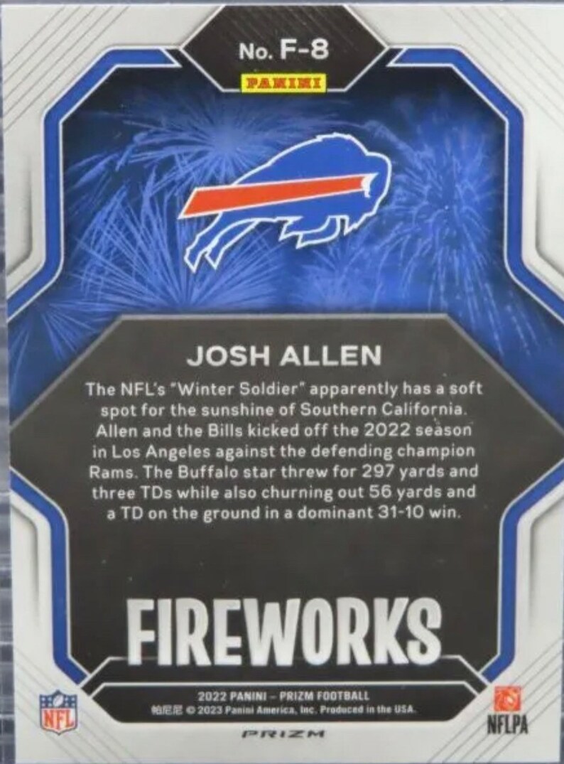 Josh Allen Veteran Card 2022 NFL Panini Prizm Rare Fireworks Silver ...