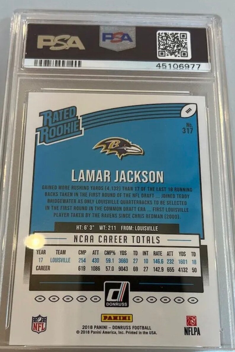 Lamar Jackson Rookie Card 2018 NFL Panini Donruss Rated Rookie PSA ...