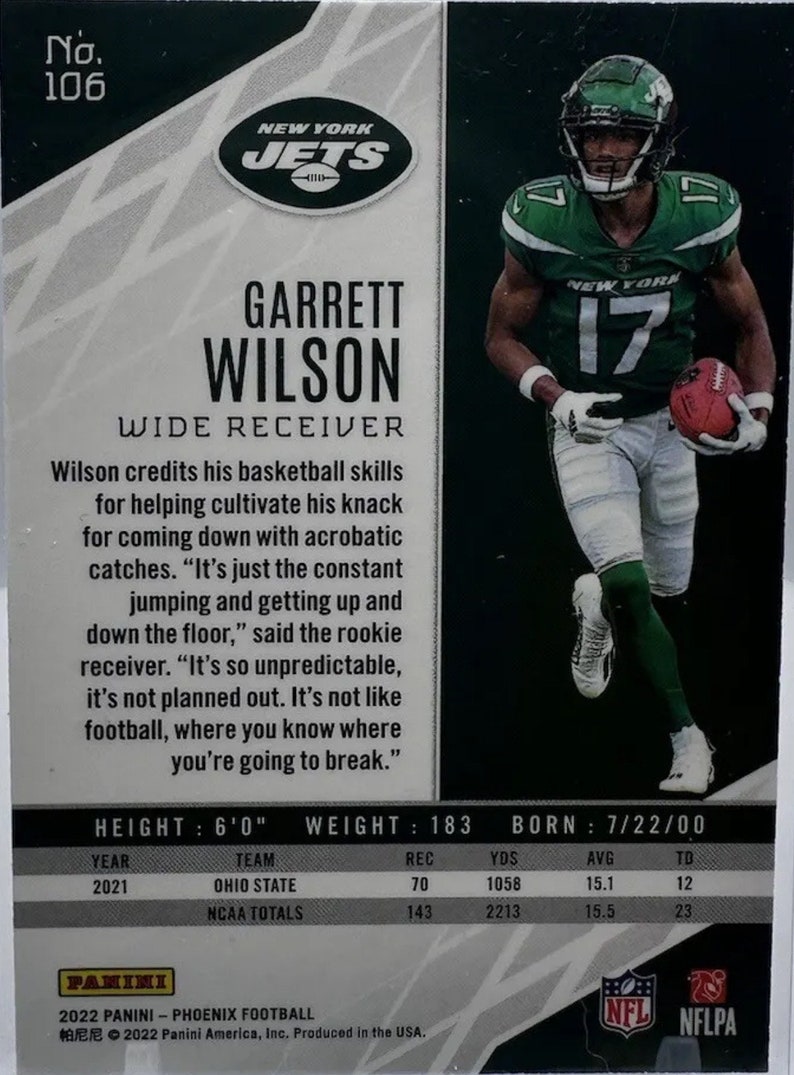 Garrett Wilson Rookie Card 2022 NFL Panini Phoenix Silver Holo NY Jets ...