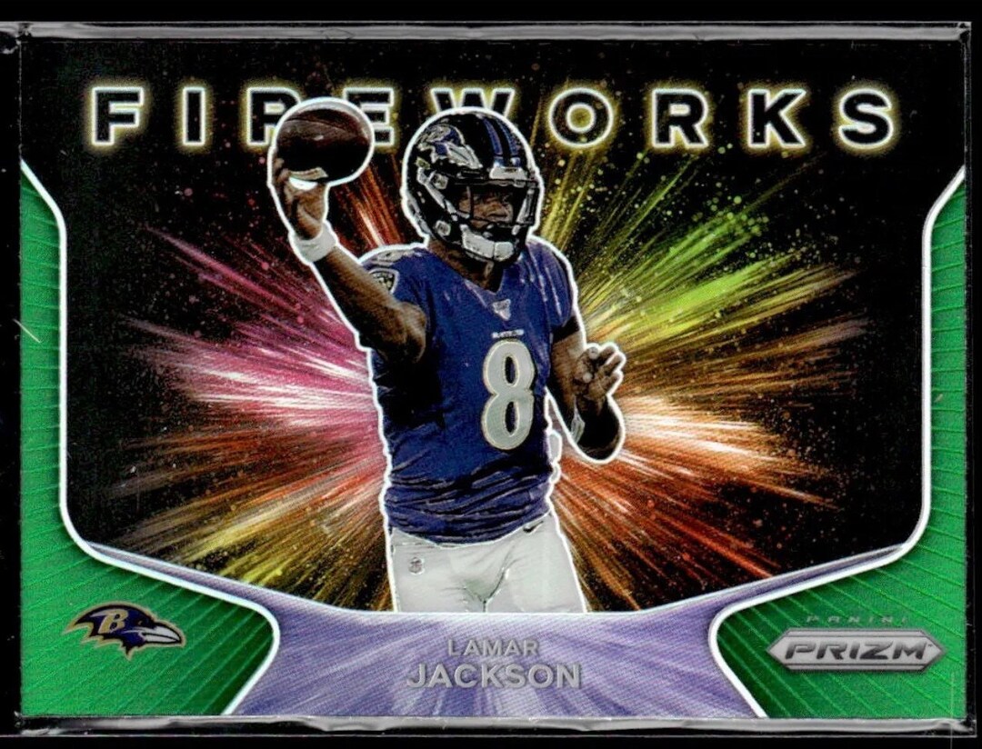 Lamar Jackson Veteran Card 2020 NFL Panini Green Prizm Fireworks ...