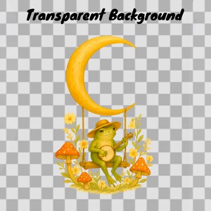 Cottagecore Frog PNG: Banjo on Moon Swing, Forest Clipart (digital ...