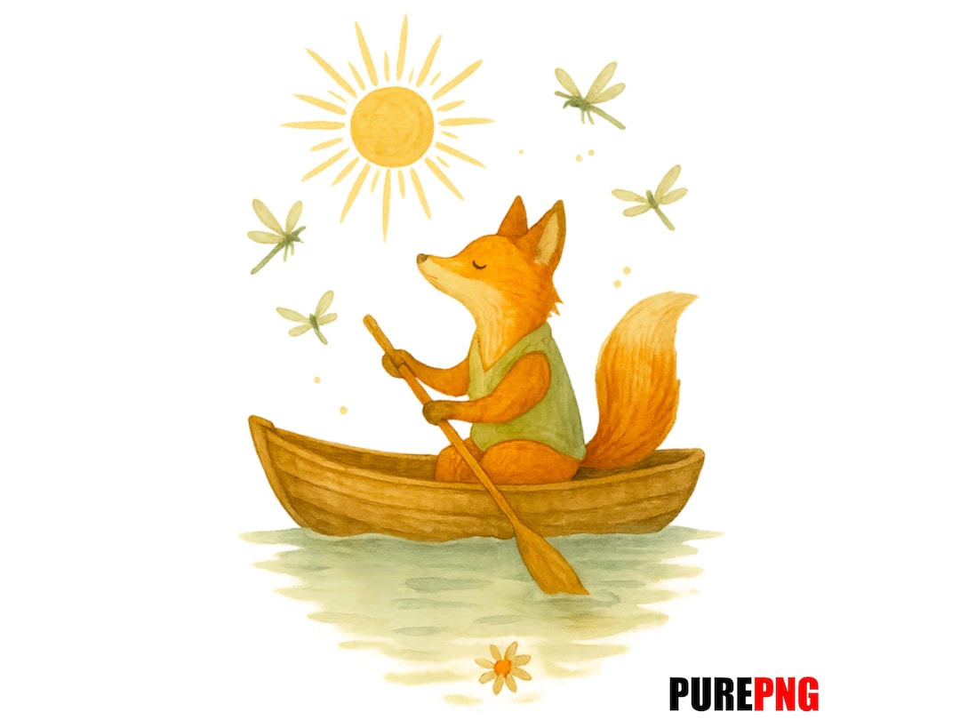 Cottagecore Fox PNG | Whimsical Fox Rowing a Boat Under the Sun ...