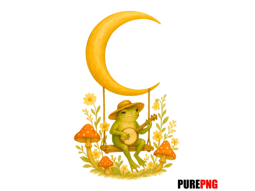 Cottagecore Frog PNG: Banjo on Moon Swing, Forest Clipart (digital ...