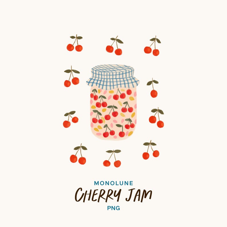 Cherry Jam Clipart PNG, Whimsical Jam Jar Illustration With Gingham Lid ...