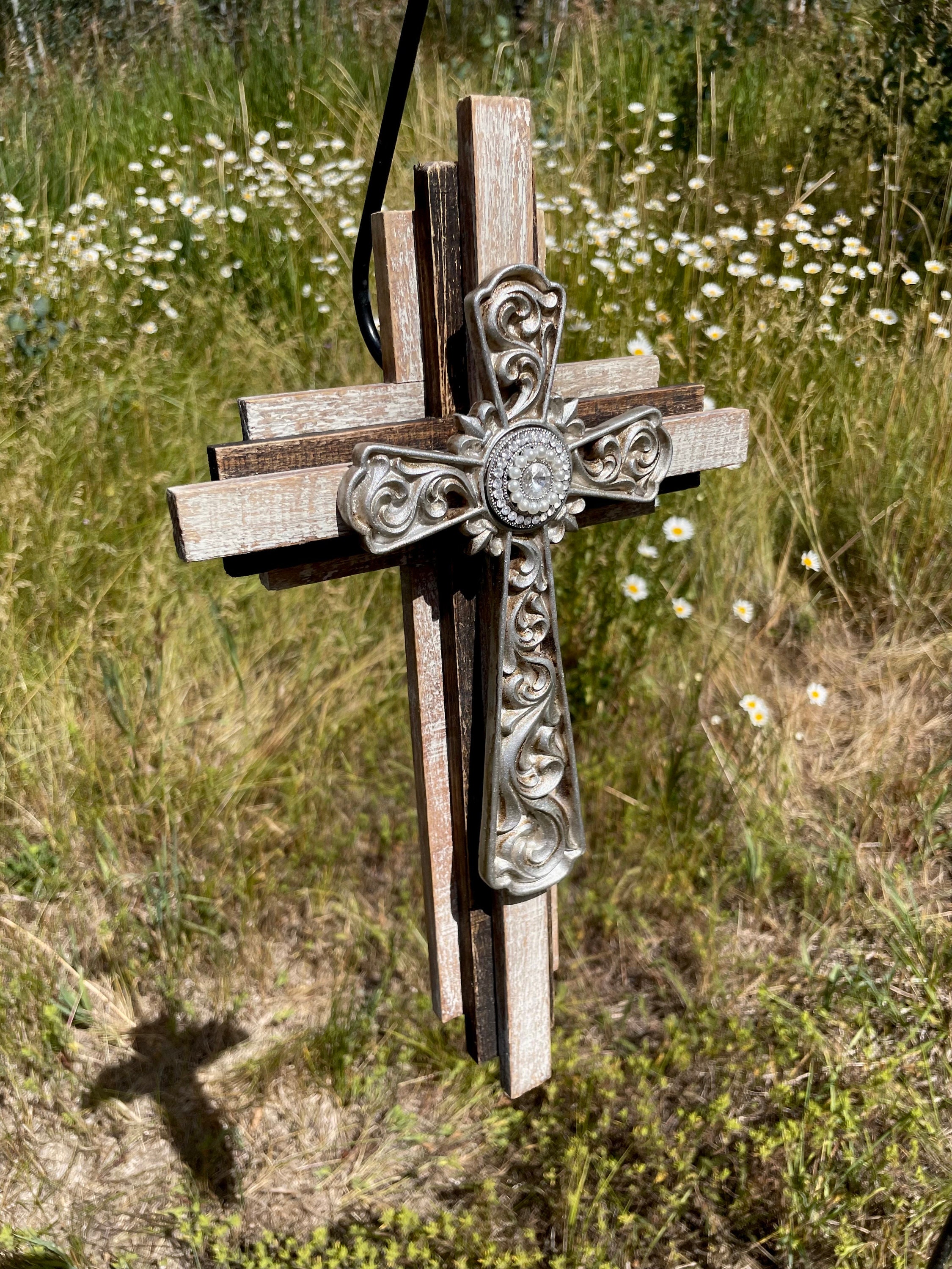 Wall Cross, Layered Cross, Silver Scroll Cross, Cross, Reclaimed Wood ...