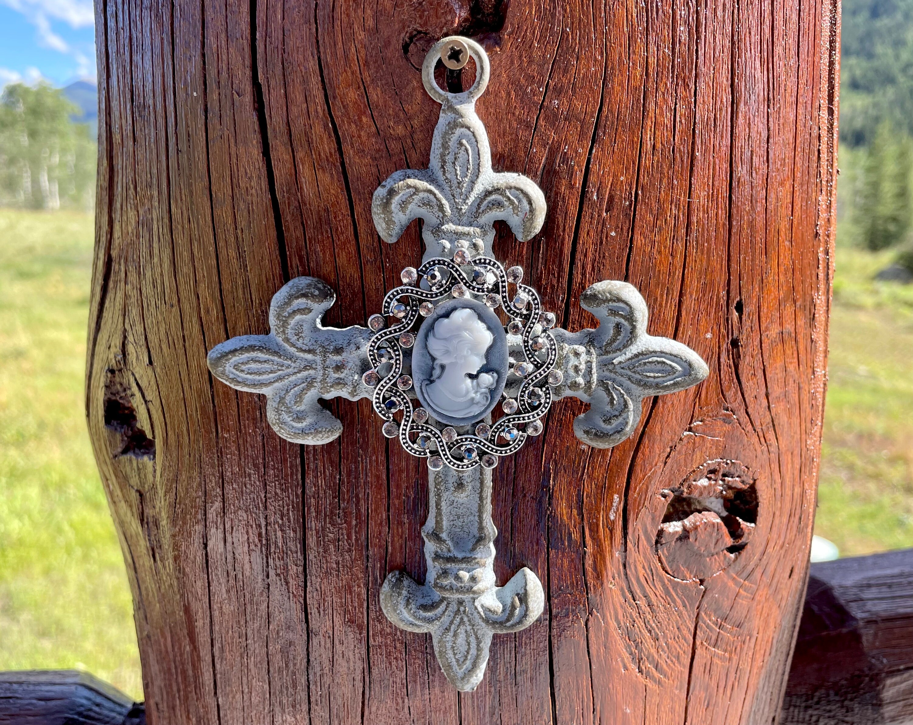 Fleur-de-lis Wall Cross, Cross, Cast Iron Cross, Rhinestone Cross ...