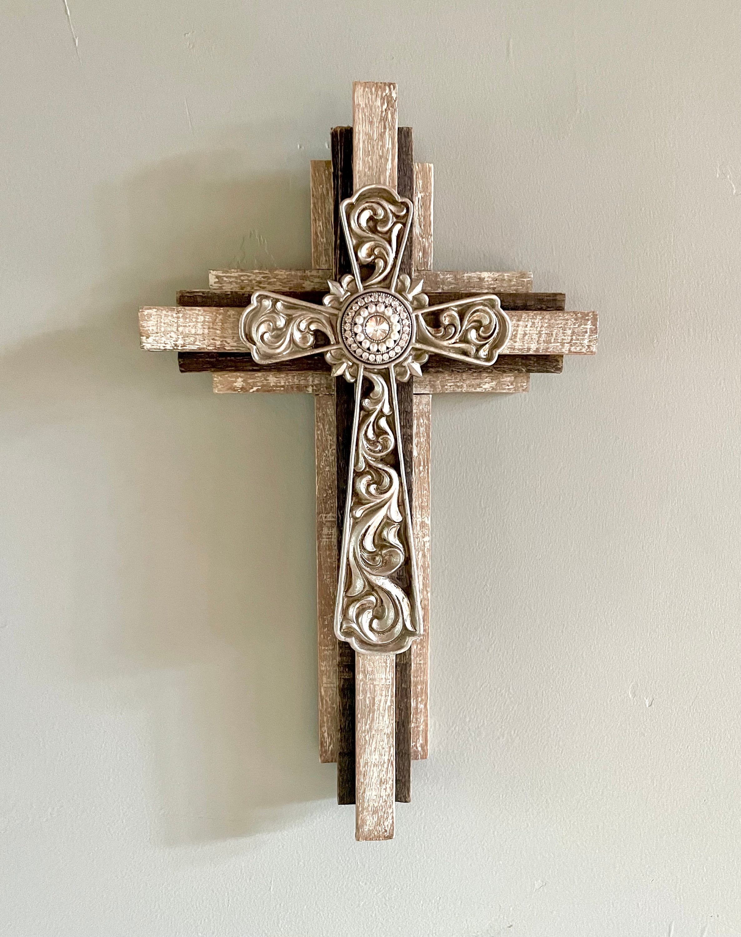 Wall Cross, Layered Cross, Silver Scroll Cross, Cross, Reclaimed Wood ...