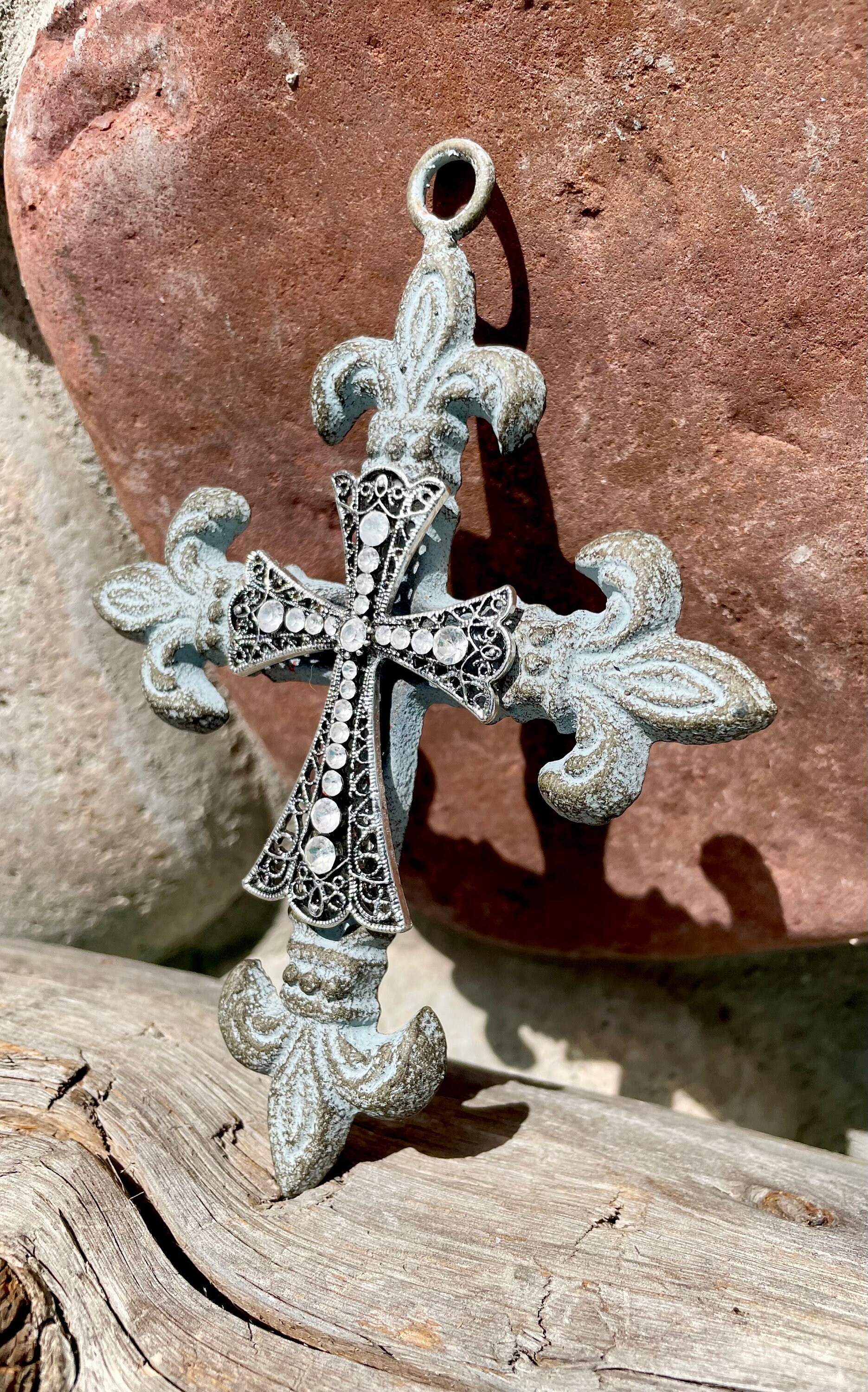 Fleur-de-lis Wall Cross, Cross, Cast Iron Cross, Rhinestone Cross ...
