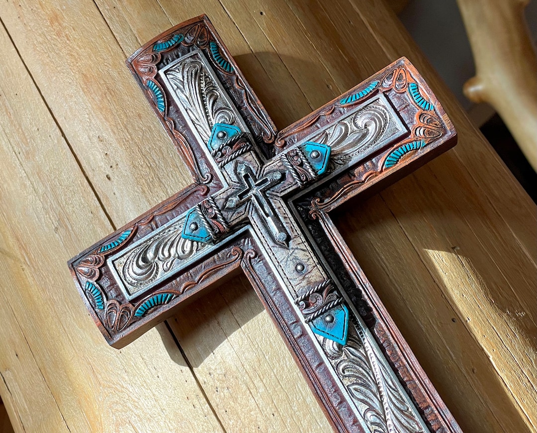Silver Wall Cross With Turquoise & Faux Leather Accents, Silver Cross ...