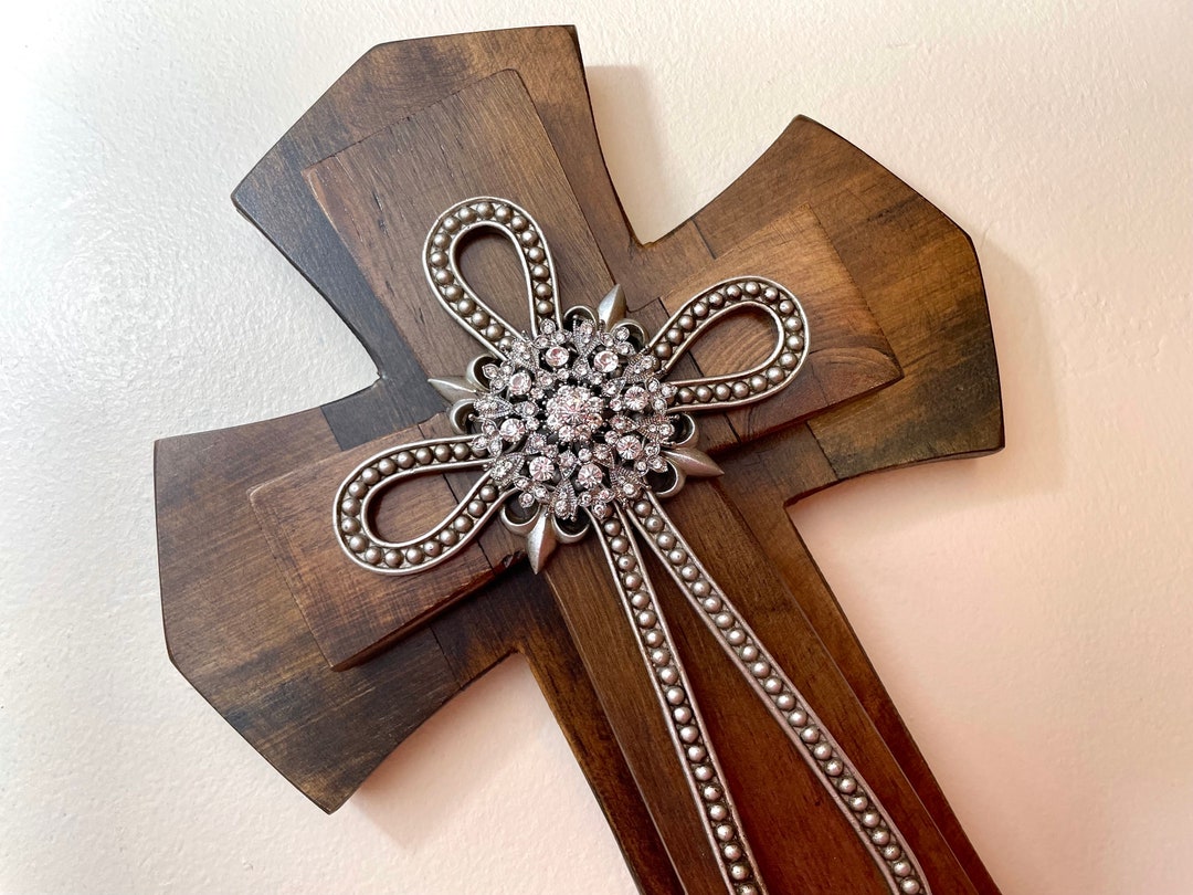 Reclaimed Wood Silver Beaded Wall Cross, Wood Wall Cross, Layered Cross ...