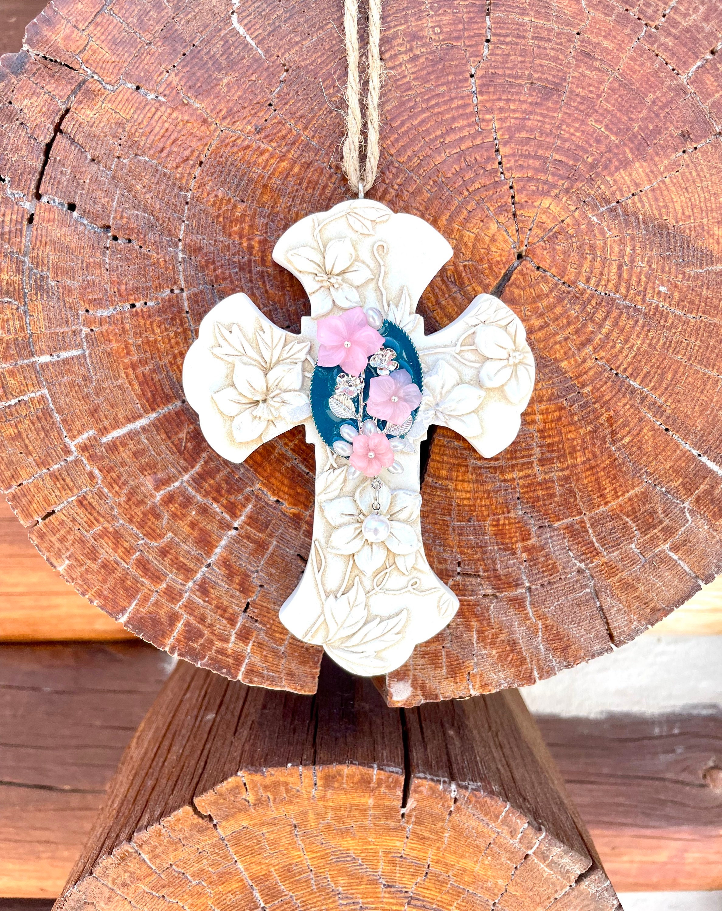 Cross Decor, Antique Cross, Floral Cross, Rhinestone Cross, Christian ...