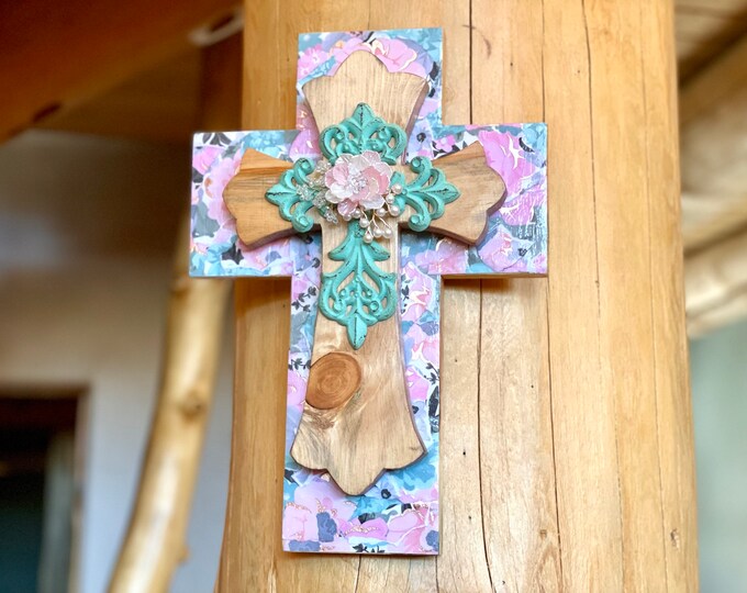 Handmade Teal & Pink Accented Fleur-de-lis Floral Wooden Cross ...