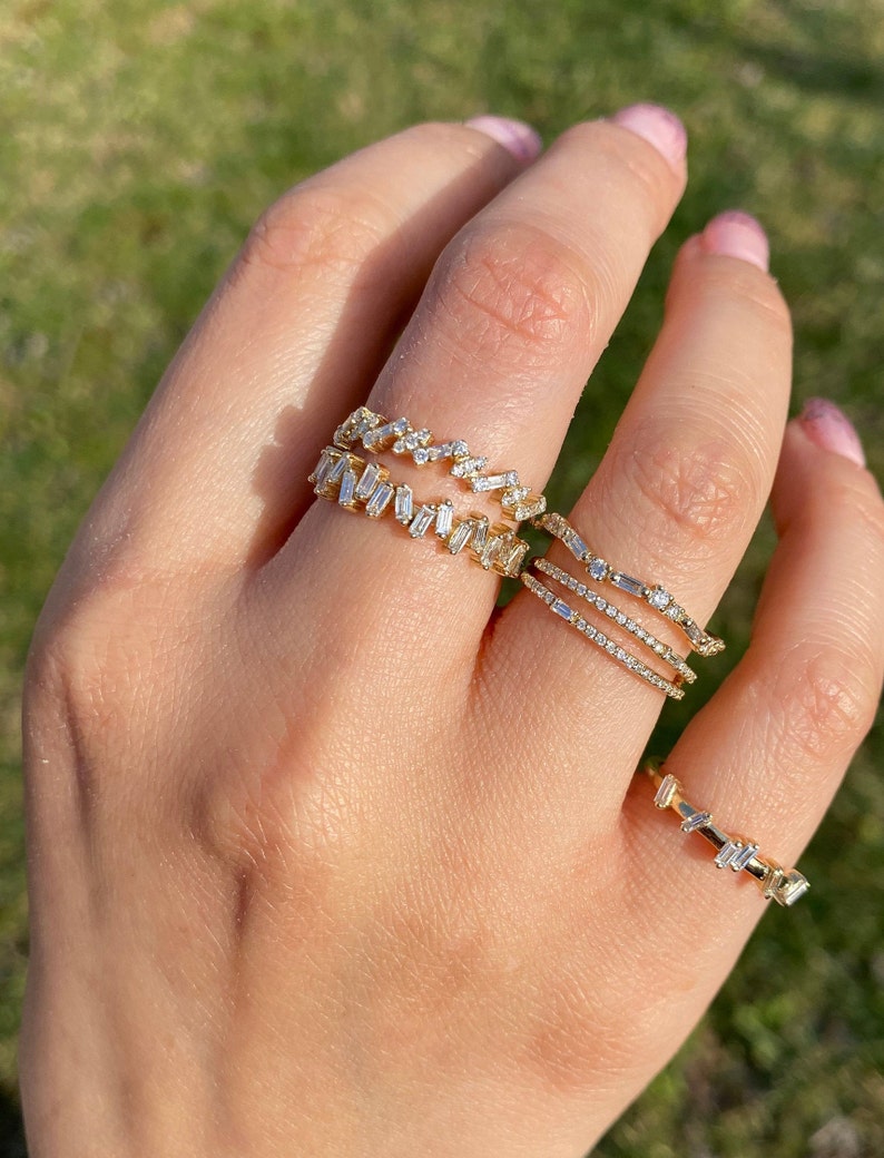 Round and Baguette Mixed Diamond Wedding Band Wavy Design - Etsy