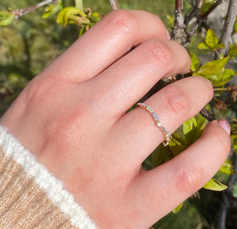 Round and Baguette Mixed Diamond Wedding Band, Wavy Design Half ...