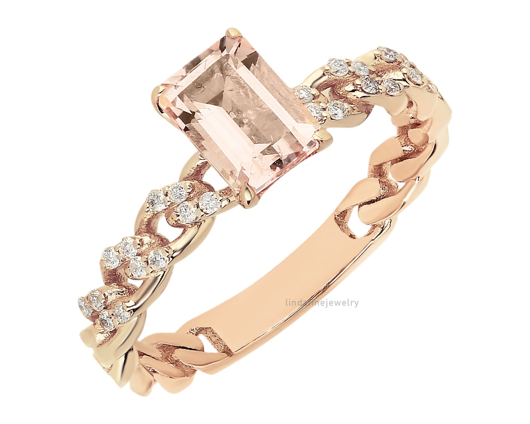 Smaragd cut Morganit Ring in 14k, 7x5 Natural Morganit, Diamant Ring ...
