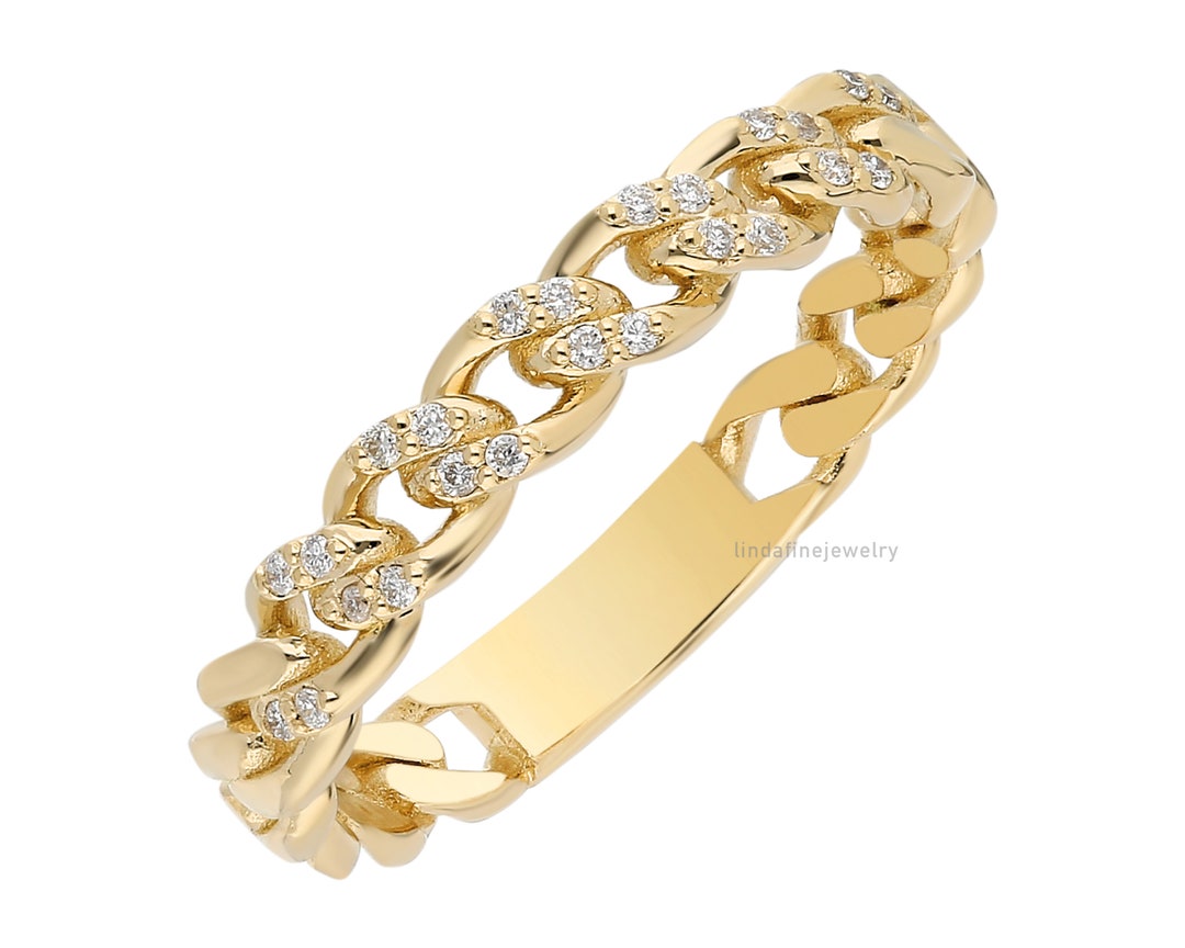 14K Solid Gold Cuban Chain Ring With Diamonds, Eternity Cuban Chain ...