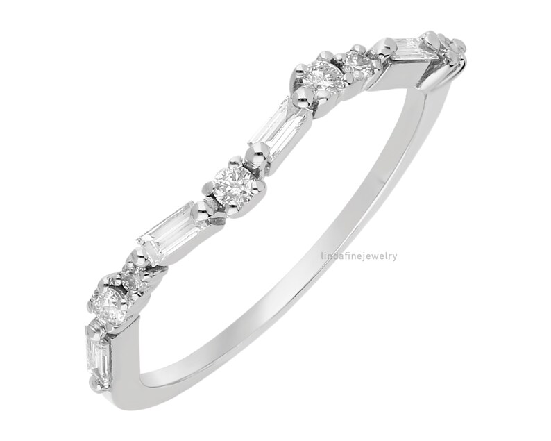 Round and Baguette Mixed Diamond Wedding Band, Wavy Design Half ...