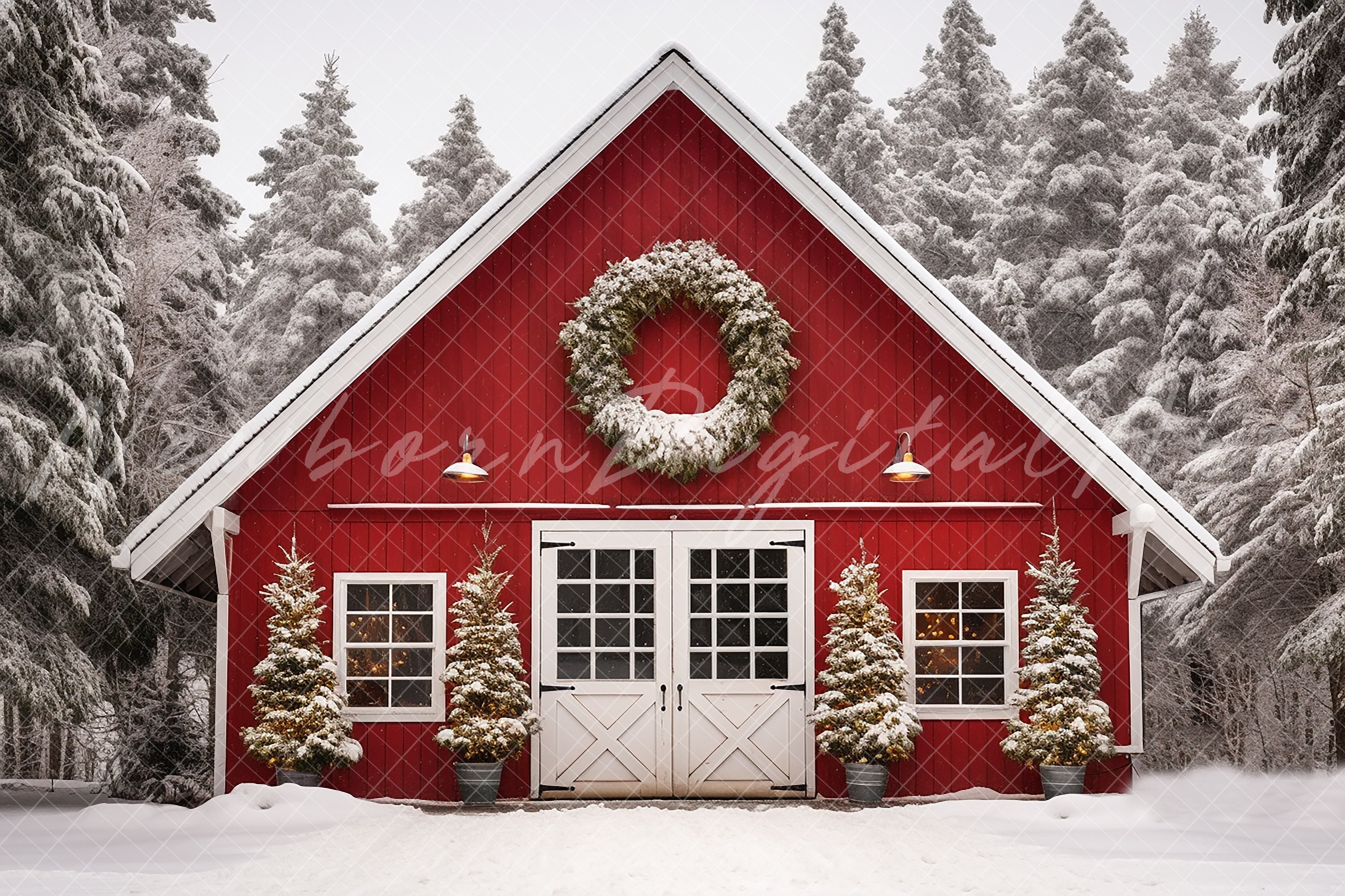Christmas Red Barn Backdrop, Winter Backdrop, Digital Backdrop ...