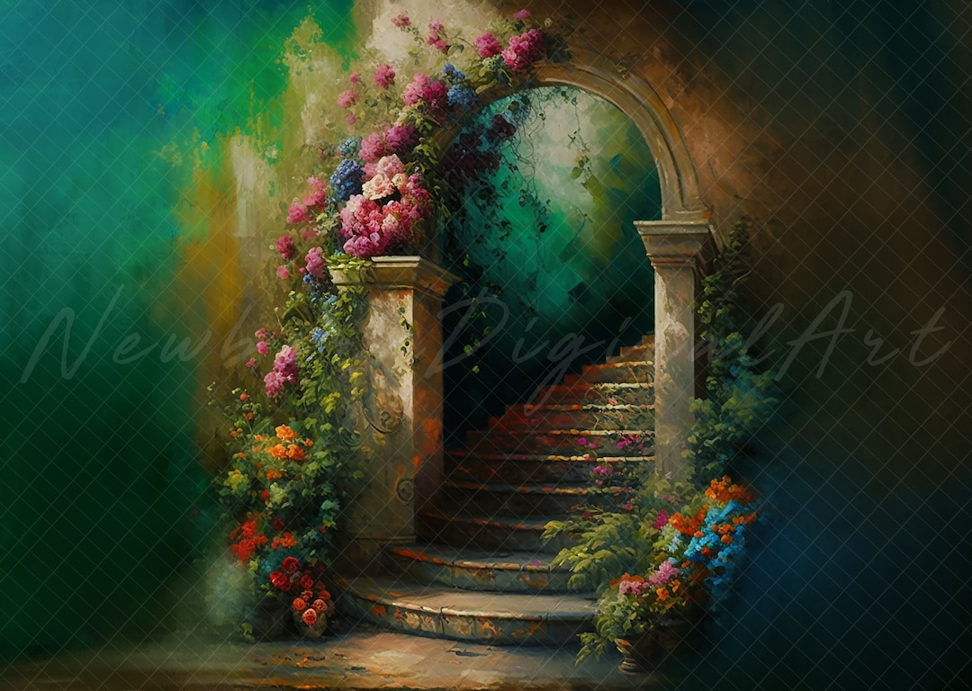 Fairytale Backdrop, Floral Arch Backdrop, Staircase Backdrop, Digital ...