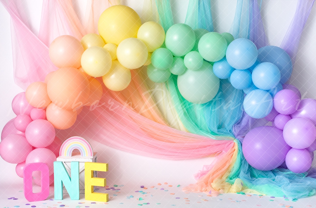 Pastel Rainbow Backdrop, Rainbow Balloon Arch, Rainbow Digital Backdrop ...