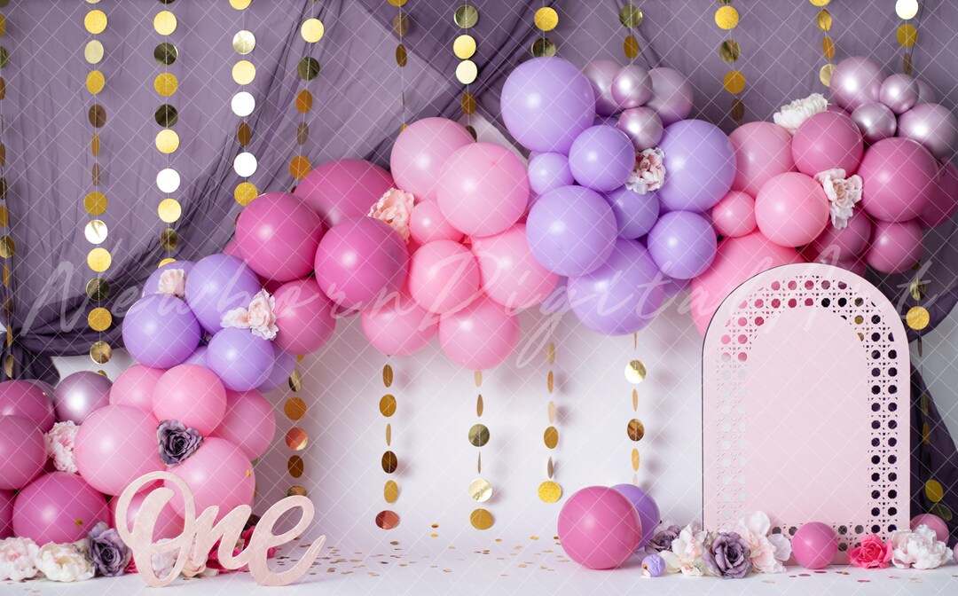 Pink and Purple Balloon Backdrop, Balloon Arch Digital Backdrop ...