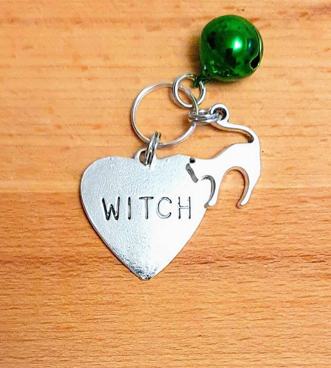 Witch's Cat Collar Charm, With Witch Heart, Cute Cat Charm and Green ...