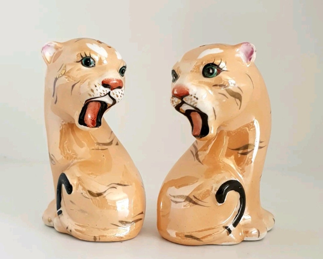 Vintage Chinese Tiger Salt & Pepper Shakers Roaring Tiger Cubs Cruet ...