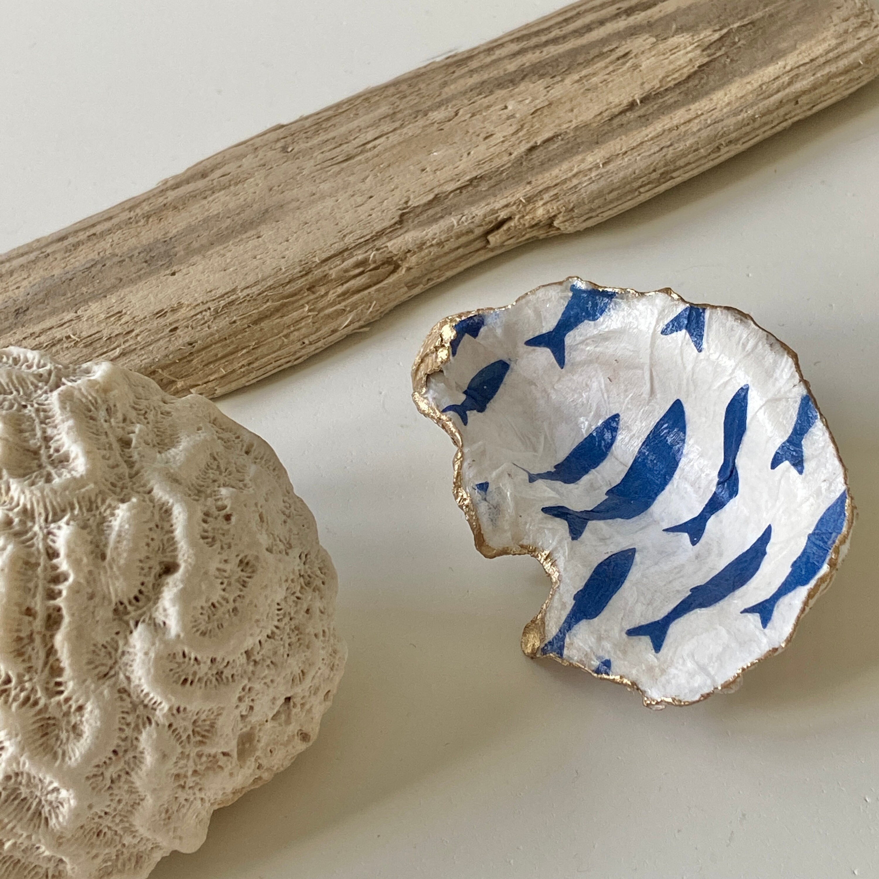 Decoupage Oyster Shell Ring Dish With Blue Fish Jewelry Dish, Trinket ...