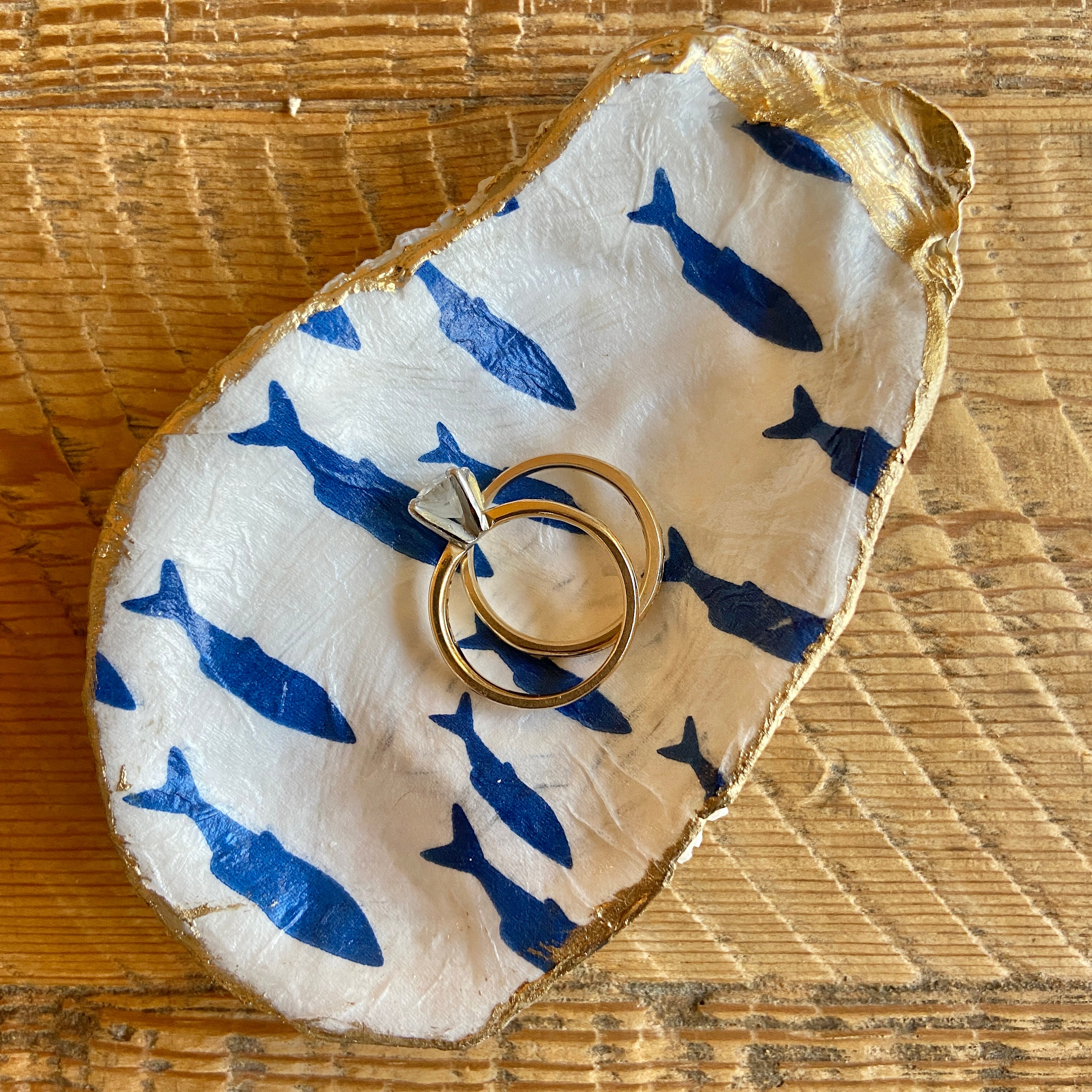 Decoupage Oyster Shell Ring Dish With Blue Fish Jewelry Dish, Trinket ...