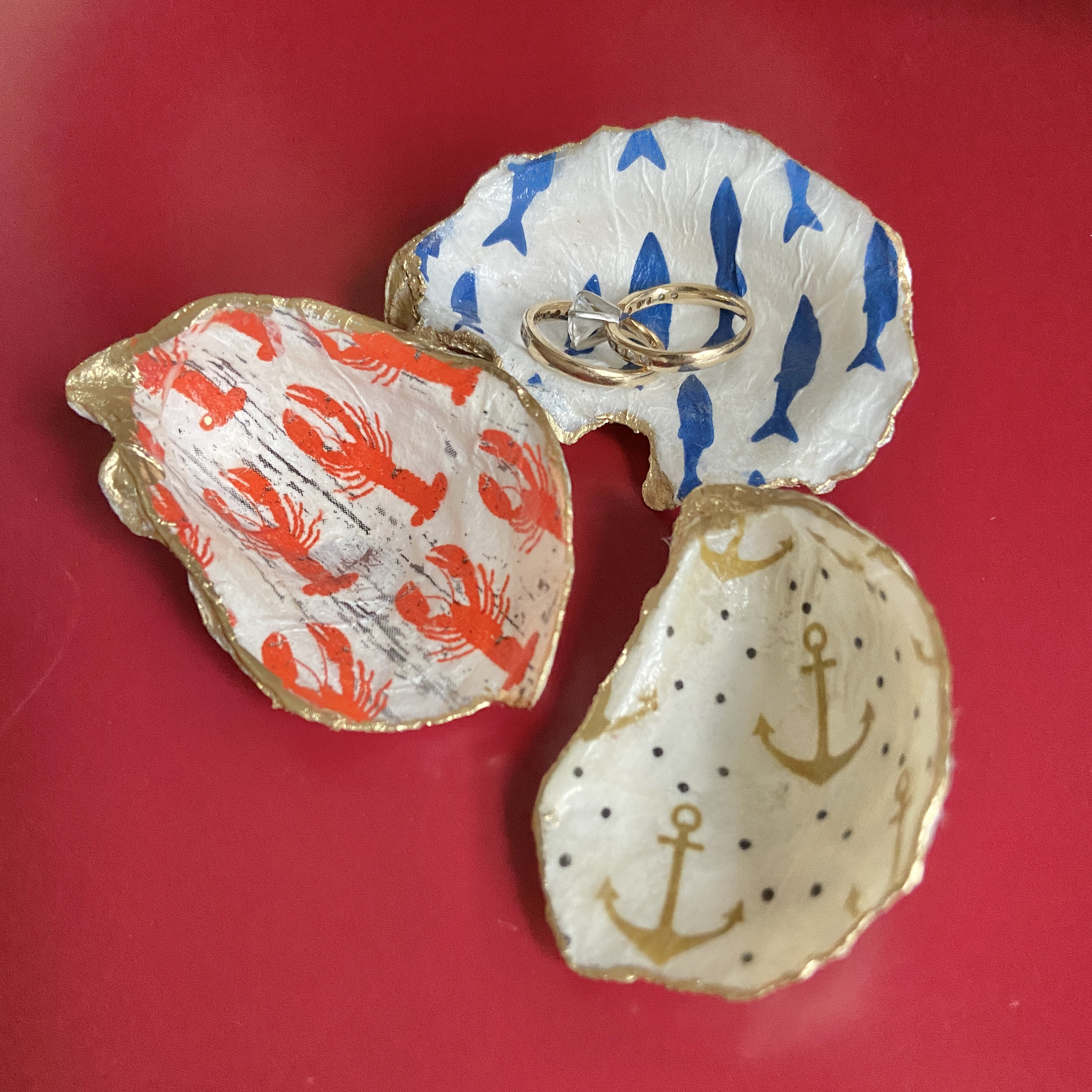 Decoupage Oyster Shell Ring Dish With Blue Fish Jewelry Dish, Trinket ...