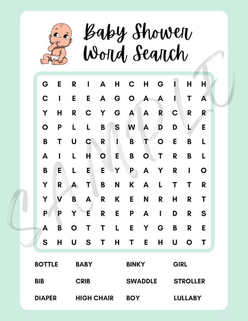 Adorable Baby Shower Word Search Game - Instant Download Printable With ...
