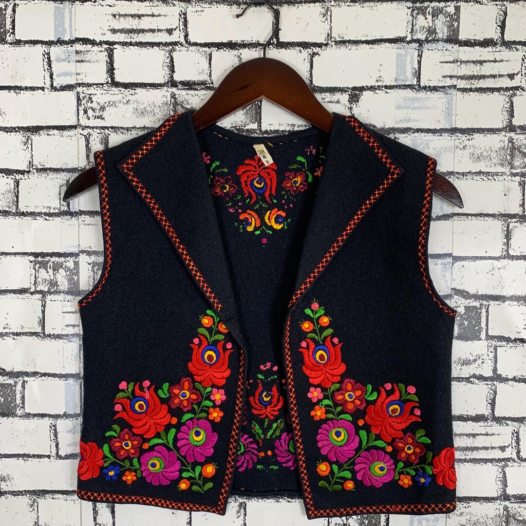 Vintage Hungarian Matyo Vest Flower Embroidered Folk Felt Wool Vest ...