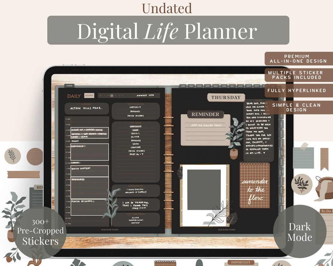 Dark Mode Boho Digital Planner: Undated Life Planner With Stickers - Etsy