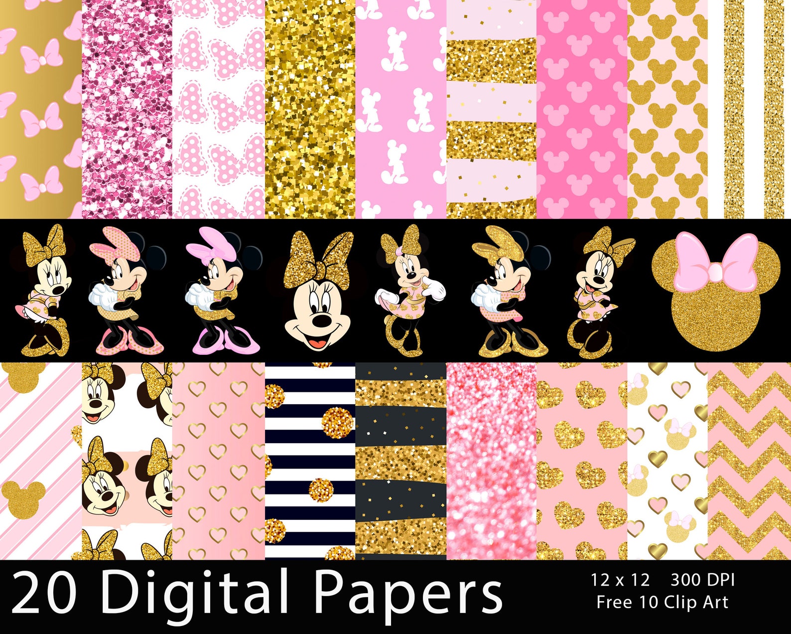 Minnie Mouse Gold Pink Digital Paper FREE Clip Art Gold - Etsy