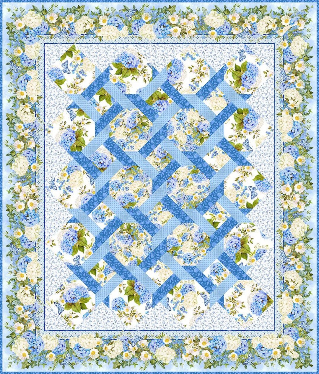 Spring Garden Twist Quilt Kit, Hydrangea Quilt Fabric, Blue & White ...