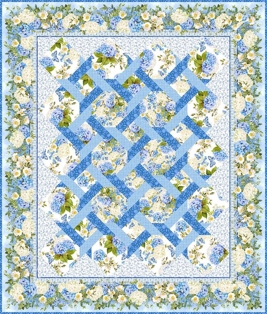 Spring Garden Twist Quilt Kit, Hydrangea Quilt Fabric, Blue & White ...