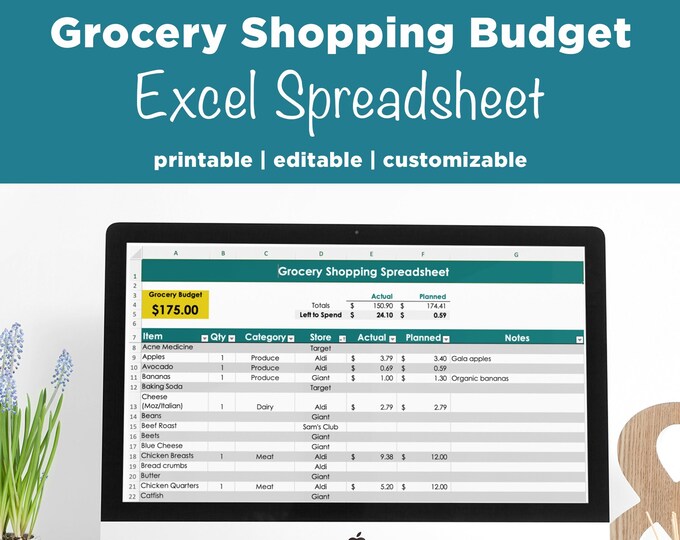 Grocery Shopping Budget List Excel Spreadsheet Template (works W ...