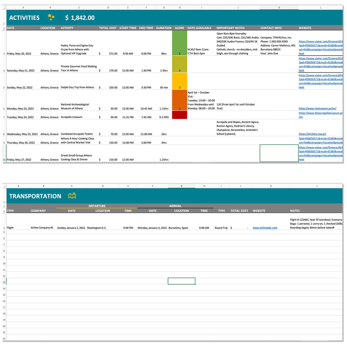 Travel Planner & Travel Planning Excel Spreadsheet Template | Editable ...