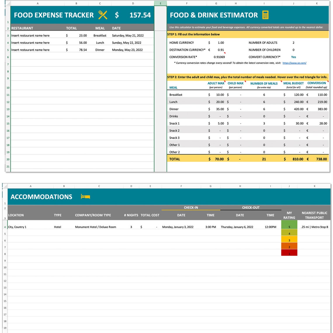 Travel Planner & Travel Planning Excel Spreadsheet Template | Editable ...