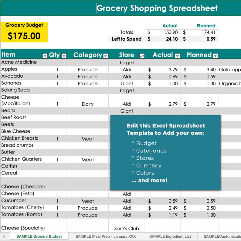Grocery Shopping Budget List Excel Spreadsheet Template (works W ...