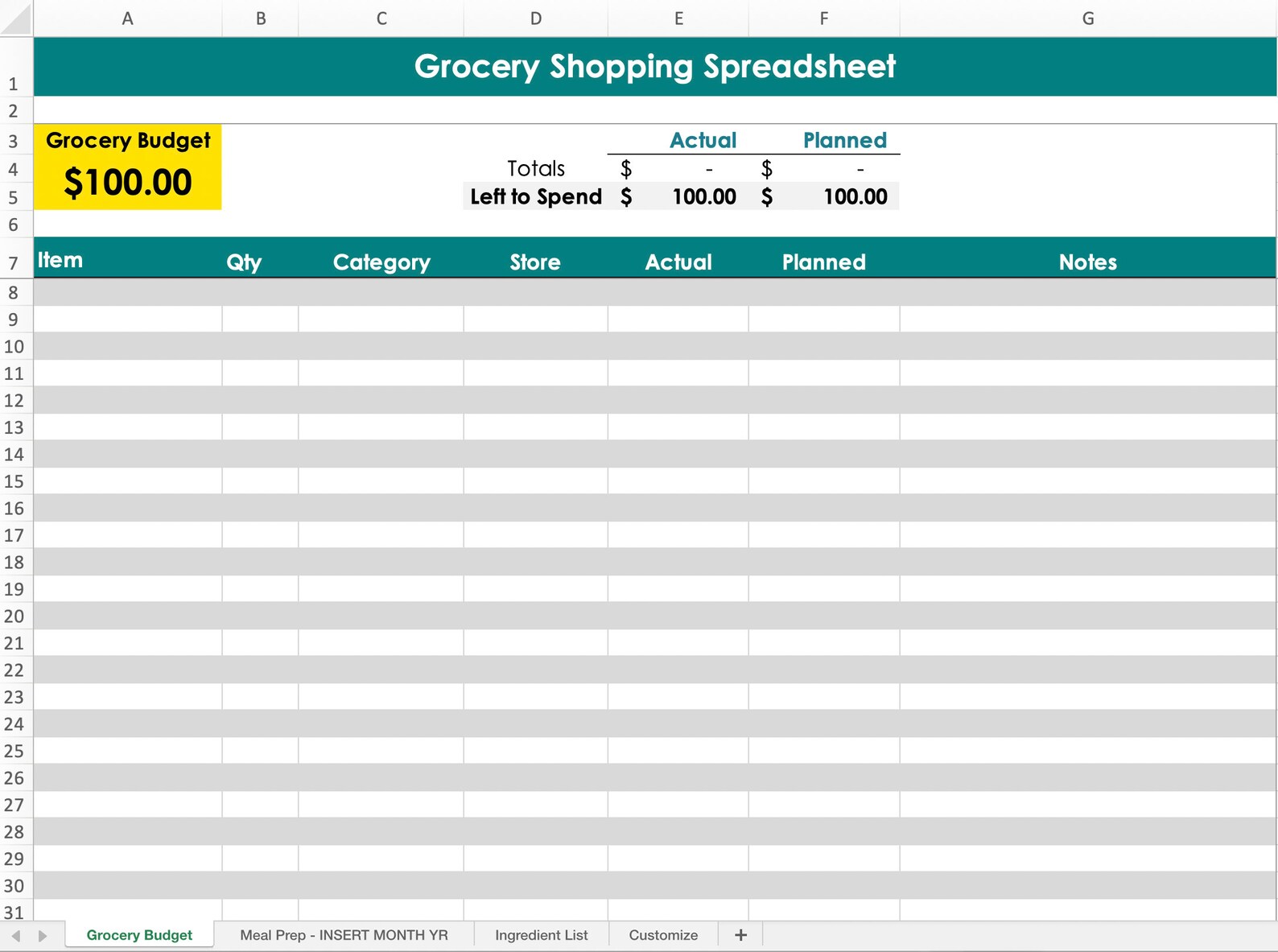 Grocery Shopping Budget List Excel Spreadsheet Template Works Etsy